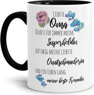 Tassendruck Familien-Tasse Liebste Oma - Du bist meine Superheldin, liebste Quatschmacherin und meine beste Freundin - Geschenk-Idee/Innen & Henkel Schwarz