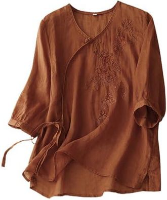 Generic T-shirt d&eacute;t&eacute; en lin pour femme avec broderie en V, boutonni&egrave;re asym&eacute;trique, pull fin, ample &agrave; manches courtes, marron, XXL