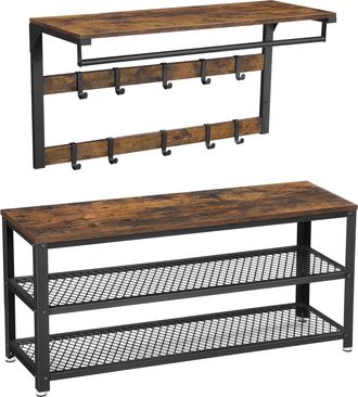 Vasagle Wandgarderobe, Schuhbank, Wandregal mit Ablage und 10 Haken, Schuhregal mit 3 Ebenen, Aufbewahrung, Metallgestell, Flur, Eingangsbereich, Industrie-De
