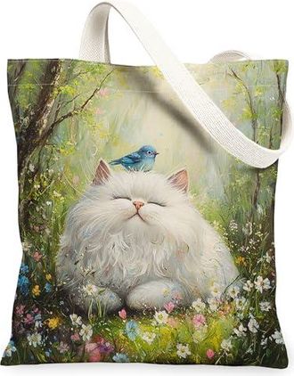 Generic Sac fourre-tout en toile motif chats persans printaniers 33 x 38,1 cm, joli sac d&eacute;picerie r&eacute;utilisable pour femme, chaton, animal domestique, d&eacute;corati