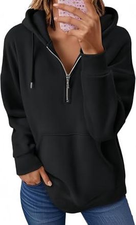 Generic Sweats &agrave; capuche surdimensionn&eacute;s &agrave; manches longues et demi-fermeture &eacute;clair pour femme, v&ecirc;tements dautomne tendance avec poches, Noir, XXL