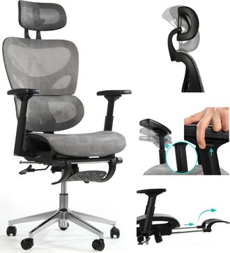 Sesto Senso Bürostuhl Grau mit Beinstütze Ergonomisch Schreibtischstuhl mit Lendenwirbelstütze und klappbaren Armlehnen Chefsessel Verstellbarer Kopfstütze K80G G