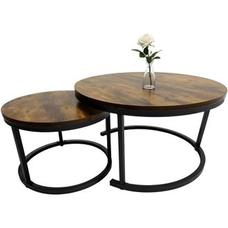 Relaxdays Relaxdays Satztisch 2er Set, Industrial Design, &Oslash; 50 cm & 70 cm, Holzoptik & Metall, runde Beistelltische, braun/schwarz