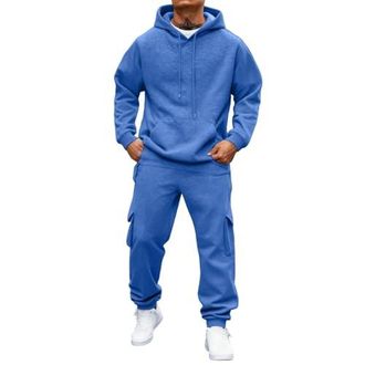 Generic Survêtement thermique deux pièces doublé en polaire pour homme, sweat à capuche et pantalon de survêtement pour gym, jogging, tenue de détente, bleu, 
