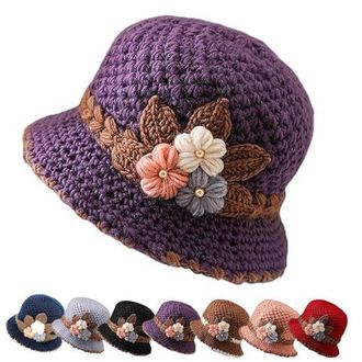 Generic Chapeau de laine tricot&eacute; &agrave; fleurs pour femme, chapeau en laine tricot&eacute;e &agrave; fleurs pour femmes, chapeaux mignons pour femmes, violet, Taille unique