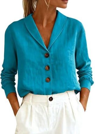 Generic Haut en lin pour femme - Manches longues - Couleur pure - Col en V - Avec boutons - &Eacute;l&eacute;gante - Pour le travail - Classique et polyvalent - Chemisier h