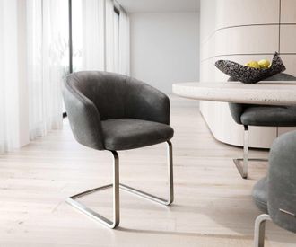 DELIFE Freischwinger Caja-Flex mit Armlehnen Mikrofaser Anthrazit Vintage Freischwinger flach Edelstahl Taschenfederkern, Esszimmerstühle