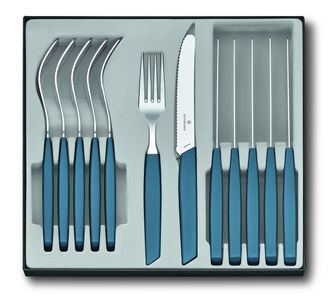 Victorinox by Swiss Army Swiss Modern Besteck-Set für 6 Personen, 12-teilig, inkl. scharfe Messer mit Wellenschliff, Kunststoffgriffe, Kornblumen-Blau