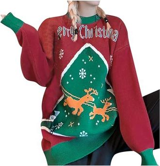 Generic Vestes pour femmes automne/hiver 2024 Pull de No&euml;l ample et fin paresseux col rond jacquard port&eacute; veste tricot&eacute;e, Rouge, M