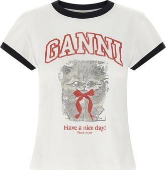 Ganni Femme, Tops, Blanc, Taille: 44 FR T-shirt ras du cou avec imprim&eacute; devant