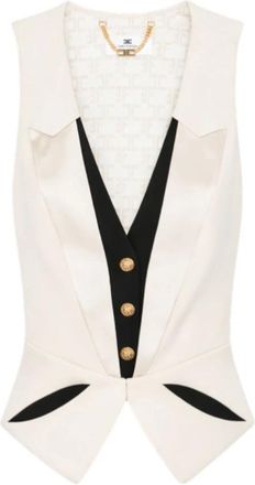 Elisabetta Franchi Femme, Vestes, Beige, Taille: 44 FR Gilet en cr&ecirc;pe l&eacute;ger avec d&eacute;coupes bicolores