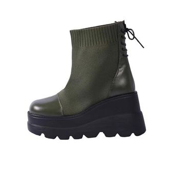 Generic Bottines compens&eacute;es en tricot extensible &agrave; bout rond pour femme - Couleur unie - Semelle &eacute;paisse - &Agrave; lacets - Classique - Pour f&ecirc;te en plein air, vert