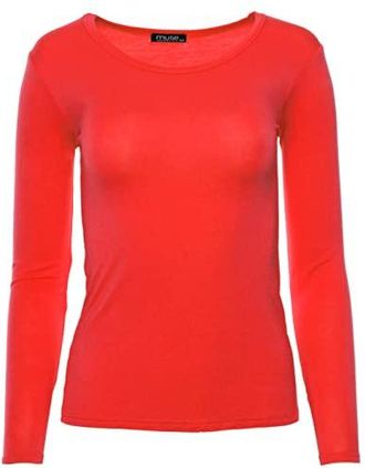 Easy Young Fashion T-shirt basique à col rond et manches longues, coupe skinny, rouge, XL