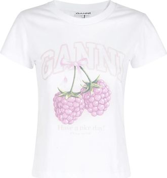 Ganni Femme, Tops, Blanc, Taille: 38 FR T-shirt Baby Fit avec framboise