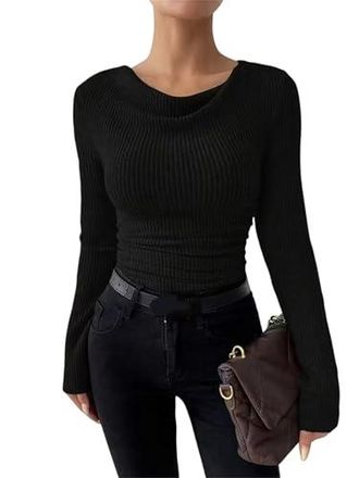 Generic Haut basique &agrave; manches longues et col b&eacute;nitier en tricot c&ocirc;tel&eacute; fronc&eacute; coupe ajust&eacute;e pour femme pour le travail, les vacances, les soir&eacute;es, Noir, XXL