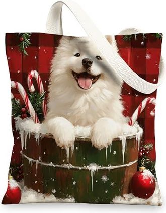 Generic Sac fourre-tout en toile pour faire du shopping Motif chien samoy&egrave;de de No&euml;l 33 x 38,1 cm, sac &agrave; bandouli&egrave;re r&eacute;utilisable pour femme, peinture danimau