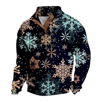 Generic Pull de Noël pour homme avec imprimé flocons de neige amusants, polos à manches longues, polos doublés en polaire, pull de Noël 2025 boutonné pour fêt