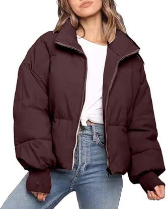 Generic Veste dhiver chaude &agrave; capuche solide avec fermeture &eacute;clair pour femme, marron, XXL
