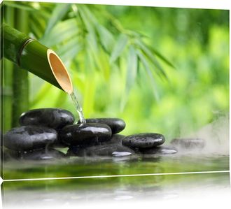 Pixxprint Bambusbrunnen mit Steinen, Größe: 100x70cm, Leinwandbild, fertig gespannt, Wandbild, Dekoration, Kunstdruck, kein Poster