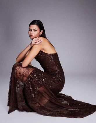 Asos Robe longue orn&eacute;e de sequins avec ourlet en dentelle &agrave; godets - Chocolat-Brown