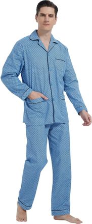 Global Herren Schlafanzug Flanell Herren Pyjama Set Lang Baumwolle Herren Zweiteilige Nachtw&auml;sche Loungewear Schlafanzughose Lang Gummizug und Kordelzug Blau
