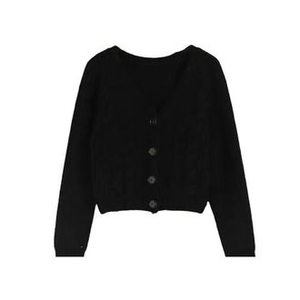 Generic Pull de printemps torsad&eacute; taille haute col en V bouton tendance couleur unie cardigan en tricot ample pour femme, Noir/blanc, XXL