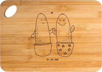 Mr. & Mrs. Panda Bambus - Schneidebrett Kaktus Liebe - Geschenk, Kakteen, Hackbrett, Holzschneidebrett, Servierbrett, Hochzeit, Kaktusliebe, Bretter