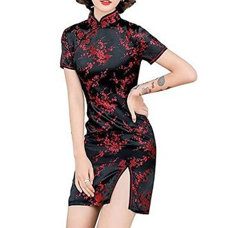 Generic Cheongsam Costume &agrave; manches courtes et fente lat&eacute;rale Imprim&eacute; floral Col mandarin Vintage Chinois Soir&eacute;e Mini Bodycon Cocktail Tenue, 145-2-noir, M