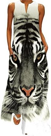 Ocean Plus Femmes Jupe Longue sans Manches Col V Robe Florale Imprimée Maxi Robe sans Manches avec Col en V (5XL, Tiger)