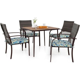 Costway Costway - Ensemble de repas dext&eacute;rieur 5 pi&egrave;ces - 4 fauteuils en rotin PE avec coussins - Table carr&eacute;e 80x80cm avec trou pour parasol - Structure
