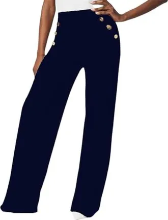 Generic Pantalon large avec boutons de contrôle du ventre, pantalon taille haute élastique pour femme, pantalon large pour femme, bleu, 3XL