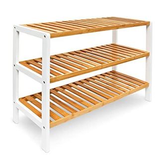 Relaxdays 10017705 Étagère à Chaussures en bambou HxlxP : 54,5 x 70 x 24,5 cm meuble à chaussures 3 étages pour 12 paires range-souliers en bambou, nature et bl