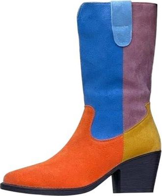 Generic Bottes Mi-mollet Femme en Daim Bout Pointu Talon Carr&eacute; Color&eacute;es Color&eacute;es Bottes De Cowboy Style Western Tendances L&eacute;g&egrave;res Boots Chaussures Femme Autom