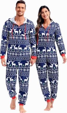 Grebrafan Pyjama No&euml;l Couple Combinaison Christmas Capuche Famille V&ecirc;tements de Nuit Homme Bleu Medium