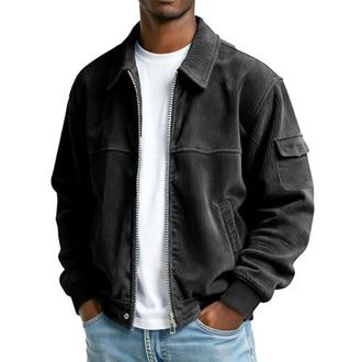 Generic Veste bomber vintage en velours côtelé pour homme avec fermeture éclair et revers - Texture plian - Délavée - Automne et hiver - Coupe ample - Pour co