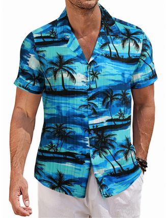 Coofandy Hemd Herren Kurzarm Sommer Freizeithemd Kuban Kragen M&auml;nner Kurzarmhemd Gestreiftes Haiwaiihemd Guayabera Shirt Kokospalme Blau XXL