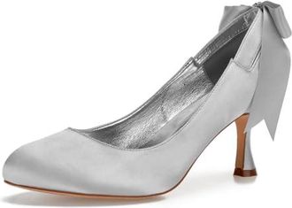 Generic Chaussures De Mari&eacute;e Escarpins pour Femme Satin&eacute;e Talon Moyen Slip-on Rond Chaussures De Mariage De F&ecirc;te 7Cm,Argent,36 EU