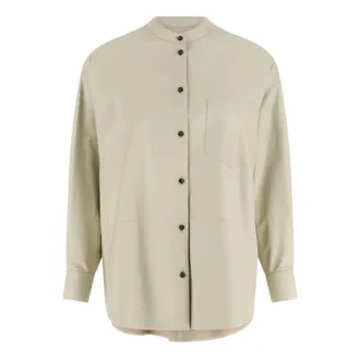 Yves Salomon Chemise en cuir &agrave; col mandarin et poche - Femme - Blouses et Chemises - Beige - Taille: 36 FR