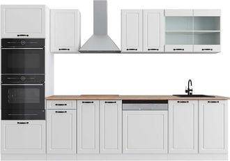 Vicco Küchenzeile R-Line, Weiß Landhaus/Weiß, 300 cm mit Hochschrank, AP Eiche