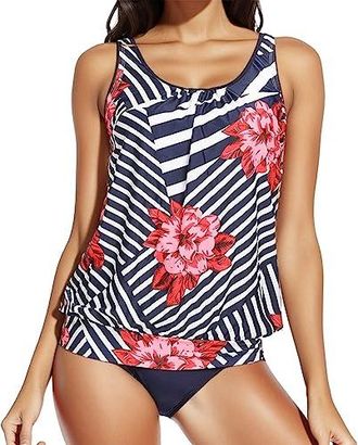 Generic Ensemble tankini 2 pi&egrave;ces pour femme avec short gainant - Maillot de bain basique taille haute imprim&eacute; - Maillot de bain vintage pour piscine, bleu ma