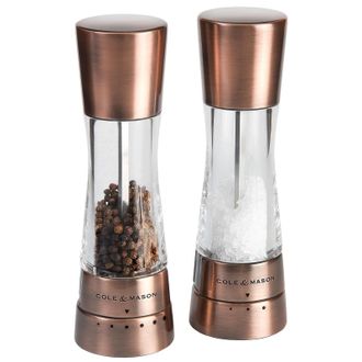Cole & Mason Derwent Kupfer Salz und Pfeffer M&uuml;hle, Gew&uuml;rzm&uuml;hle, 2er Set Manuell mit einstellbarem Keramik-Mahlwerk, Edelstahl/Acryl, 190mm, Precision+, Geschenkse