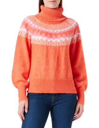 Pieces Pieces Womens PCMAVA LS Rollneck Knit BC Pullover, Tangerine Tango/Pattern:Morning Glory-Cloud Dancer, S
