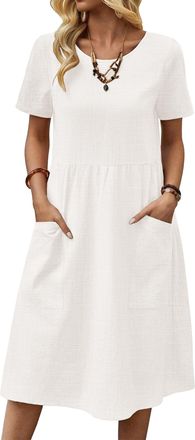 Zeagoo Kleid Damen Baumwolle Sommerkleid Kurzarm Strandkleid Casual Leinen Shirtkleid Rundhals Blusenkleid Wei&szlig; S