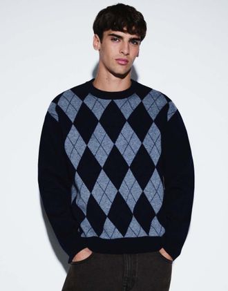 Arket Pullover aus reiner Merinowolle mit Argyle-Muster und Rundhalsausschnitt in Dunkelblau-Marineblau