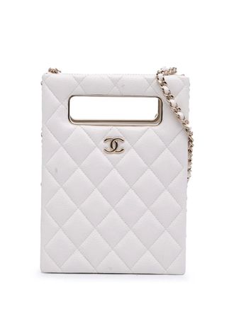 Chanel 2021-2025 mini Cut Out Evening Tote Umhängetasche aus gestepptem Kaviarleder - Weiß