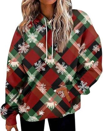 Generic Sweat à capuche de Noël pour femme - Sweat à capuche surdimensionné pour femme - Automne et hiver - Imprimé de Noël - Pull à manches longues - Sweatsh