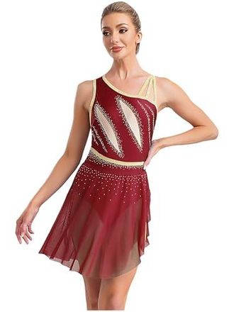 dPois Justaucorps Robe Patinage Artistique Femme Strass Brillant Tenue Gymnastique sans Manches Performance Bourgogne S