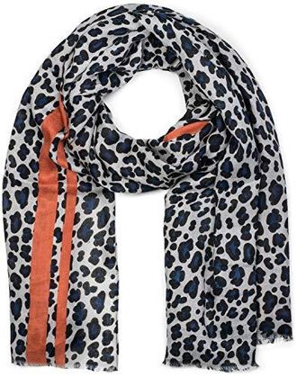 styleBREAKER &Eacute;charpe femme &agrave; motif l&eacute;opard et rayures color&eacute;es | Mati&egrave;re douce avec franges | Foulard &agrave; imprim&eacute; animalier en taille unique, Bleu-orange