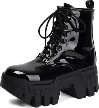 Generic Bottes De Combat en Cuir Verni À Bout Rond pour Femmes Talon Épais Plateforme Bottines Lacér Bottes Courtes avec Fermeture Éclair,Noir,41.5 EU