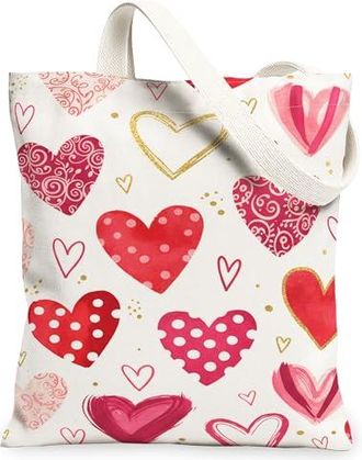 Generic Sacs fourre-tout en toile motif coeur pour la Saint-Valentin, sacs r&eacute;utilisables &eacute;l&eacute;gants, l&eacute;gers et lavables avec bandouli&egrave;re en toile, Rouge, 13x15 
